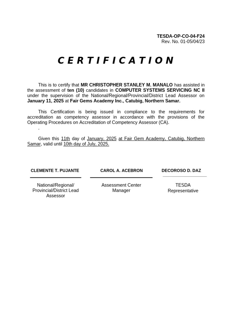 New Certificate of Loading CSS NC II | PDF