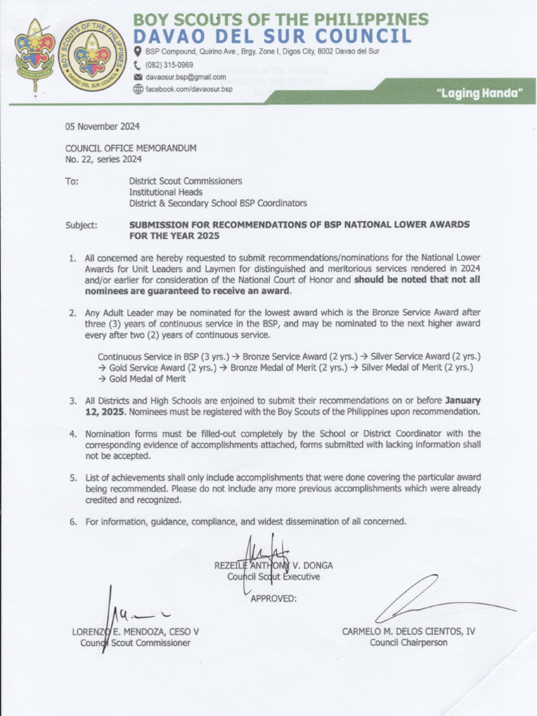 CO Memo No. 22 S. 2024 Submission of Recommendation For BSP National ...