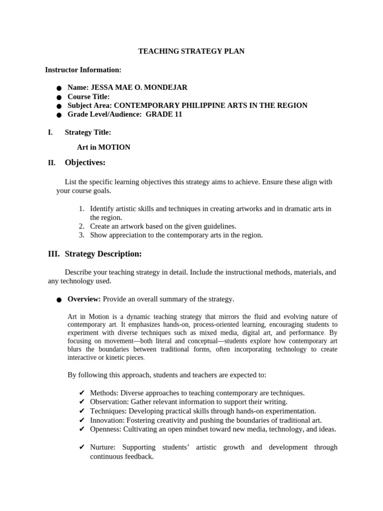 MONDEJAR - TEACHING STRATEGY PLAN | PDF | Learning | Reflective Practice