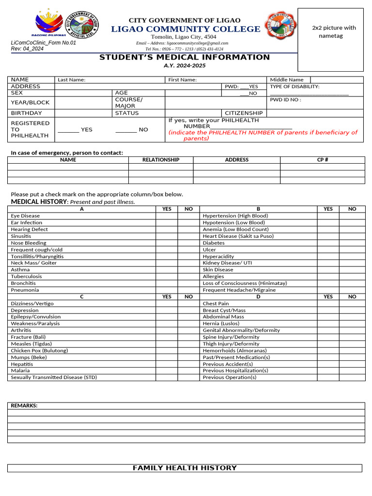 Student Medical Information Form 2024 | PDF | Menstruation | Pregnancy