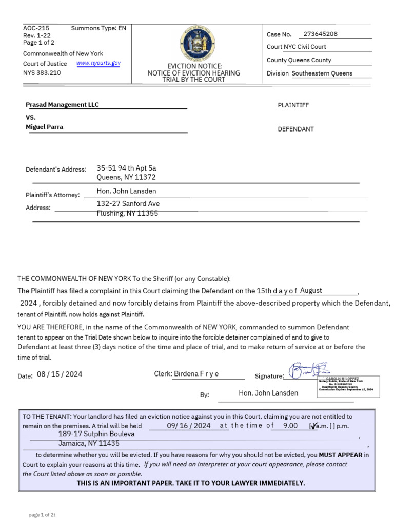 Eviction Notice - Notice of Eviction Hearing Trial by The Court PDF ...