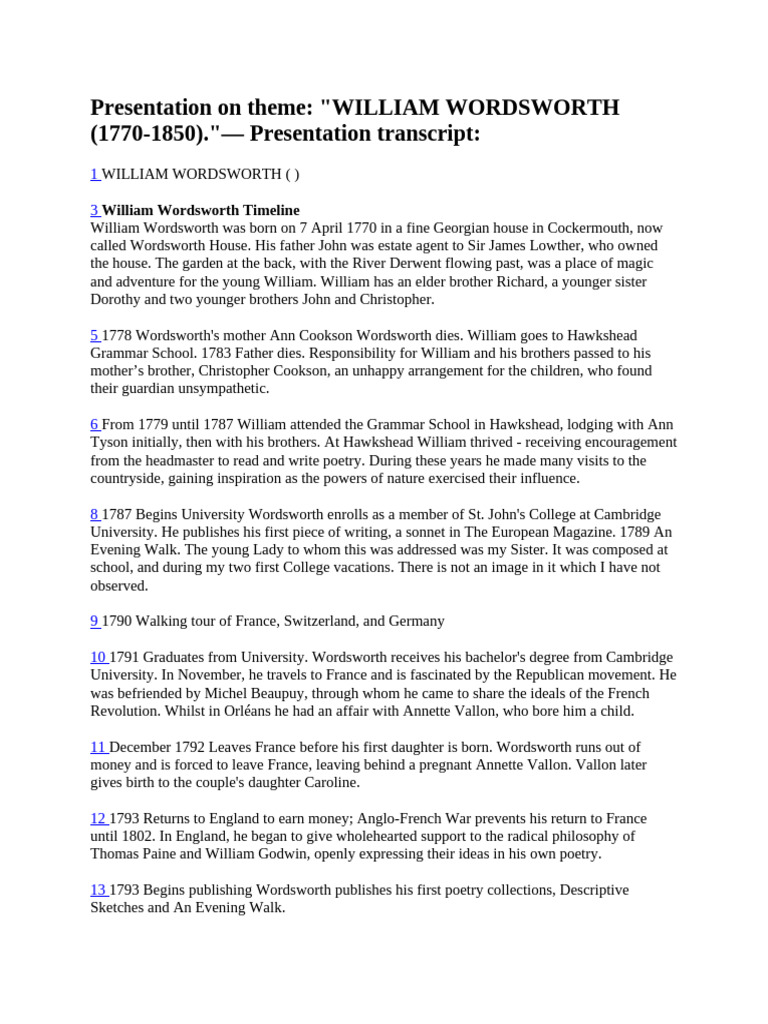 Biography of W.wordsworth | PDF | William Wordsworth | Poetry