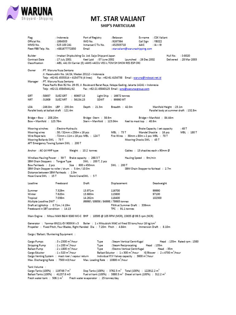 MT. Star Valiant Ship Details | PDF | Pump | Water Transport