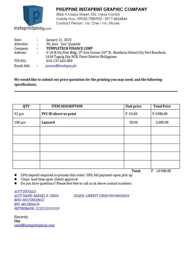 Quotation For Tendopay Ms Joan Jan 2025 | PDF