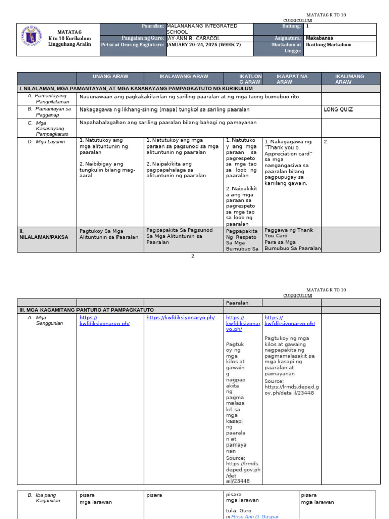 DLL Matatag Makabansa 1 q3 w7 | PDF