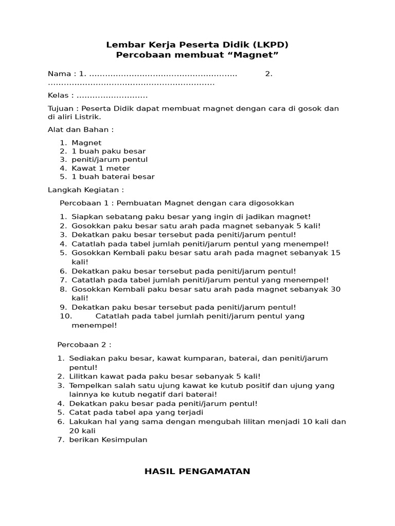Lembar Kerja Peserta Didik IPAS MEMBUAT MAGNET | PDF