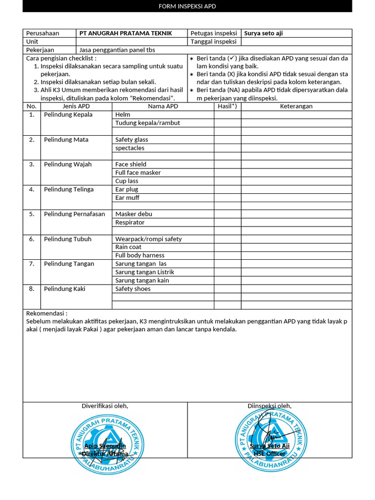Form Inspeksi APD | PDF
