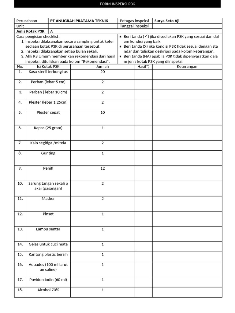 Form Inspeksi P3K | PDF
