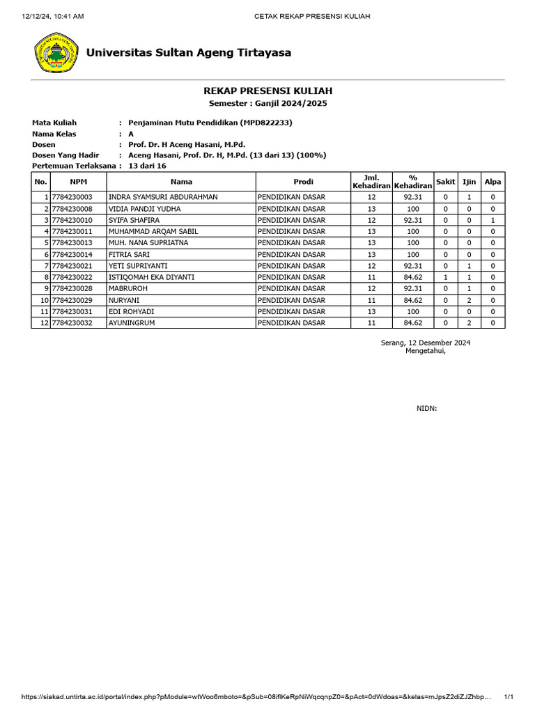 Cetak Rekap Presensi Kuliah - Penjamin Mutu | PDF