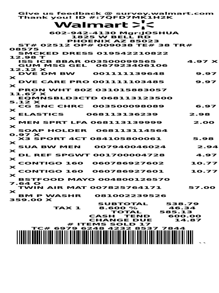 Walmart Purchase Receipt Summary | PDF