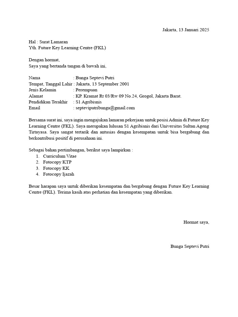 Surat Lamaran Future Key Learning Centre (FKL) | PDF