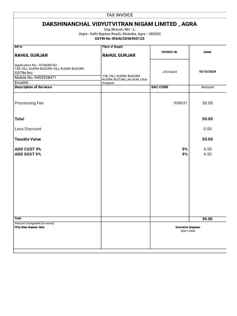 Tax Invoice for Processing Fee | PDF
