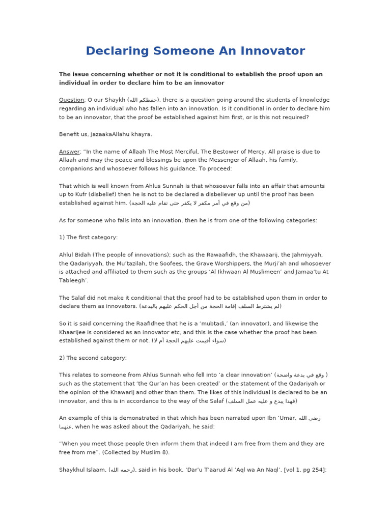 Declaring Someone An Innovator | PDF | God In Islam | Quran