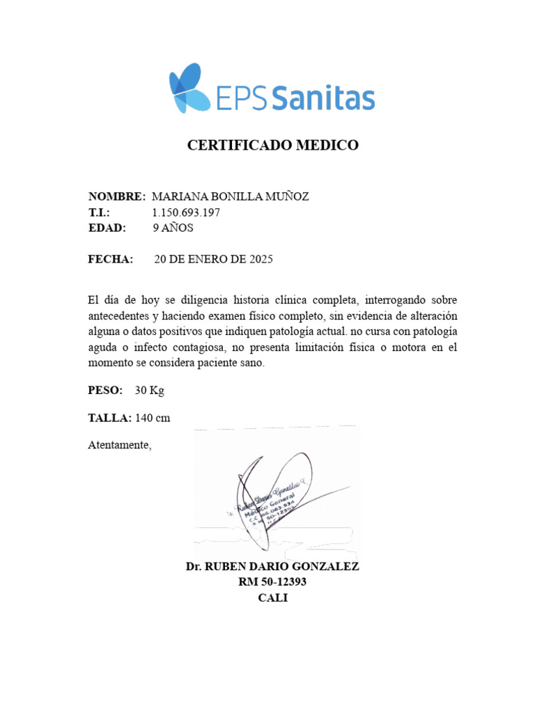 Certificado Medico Eps Sanitas PDF | PDF