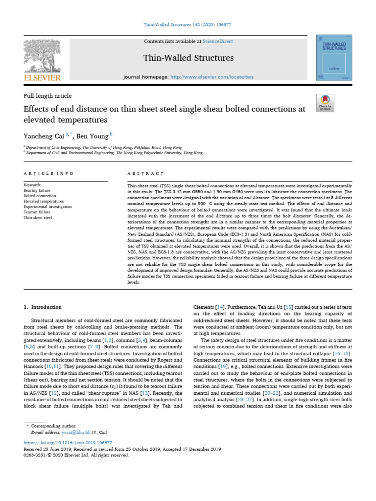 (2020) Effects of End Distance on Thin Sheet Steel Single Shear Bolted ...