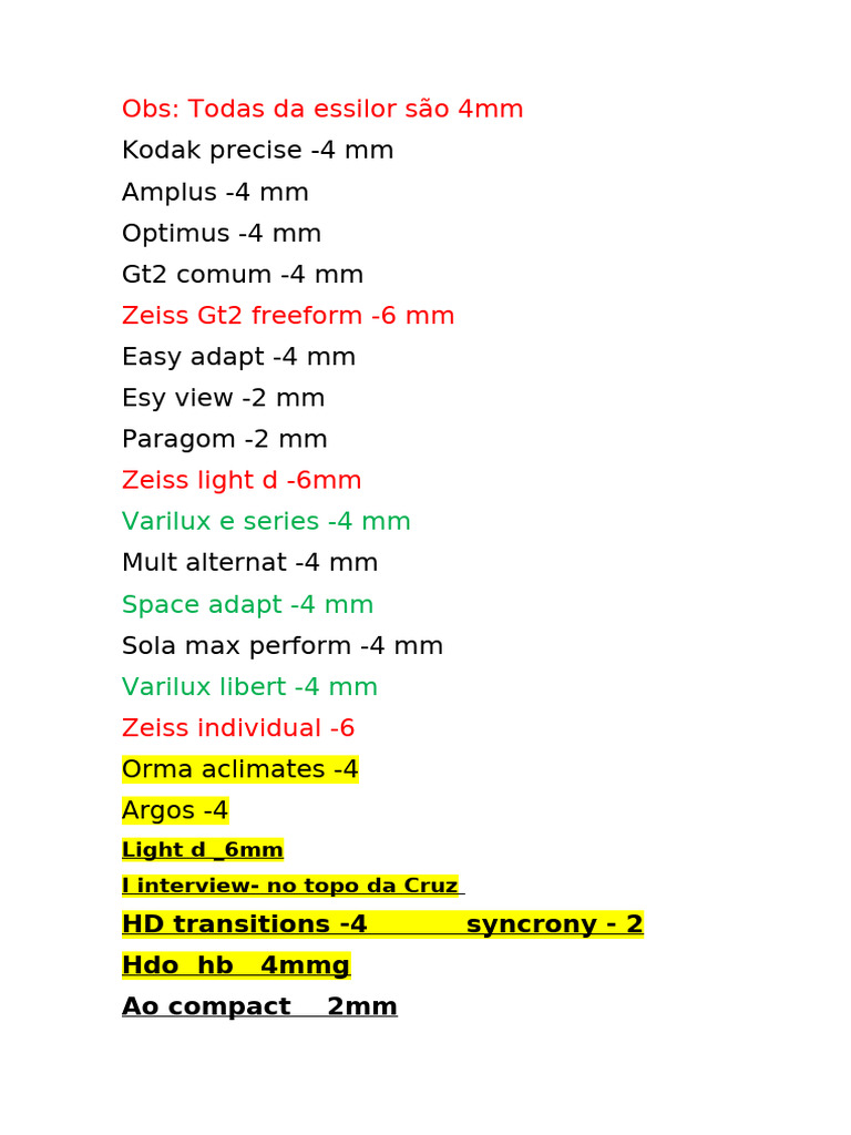 Eyewear Lens Specifications | PDF