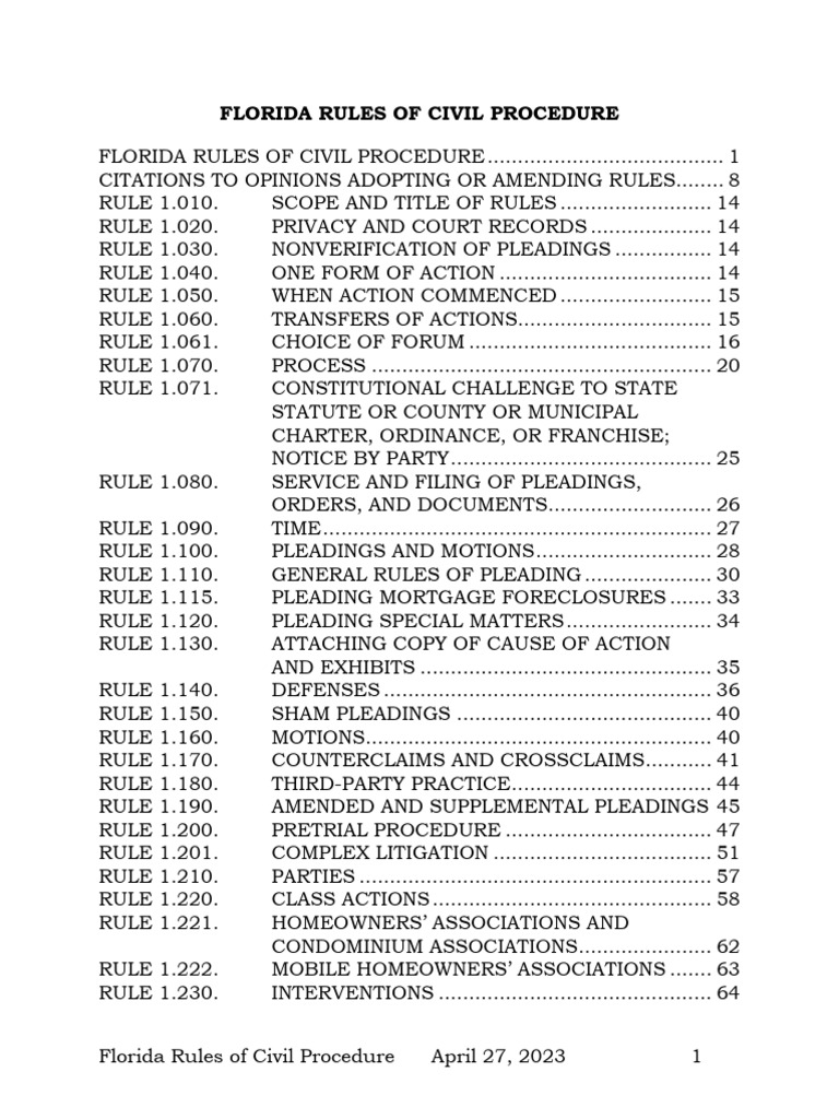FL Rules Civil Pro 0423 | PDF | Discovery (Law) | Deposition (Law)