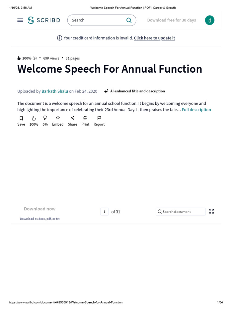 Annual Function Welcome Speech | PDF | Scribd | Software