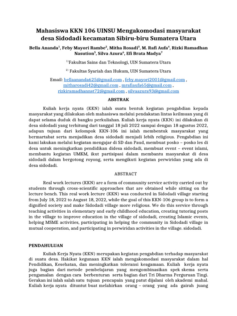 Jurnal KKN 106 UINSU DESA SIDODADI SIBIRU - BIRU, DELISERDANG, SUMUT, INDONESIA, ASIA . | PDF