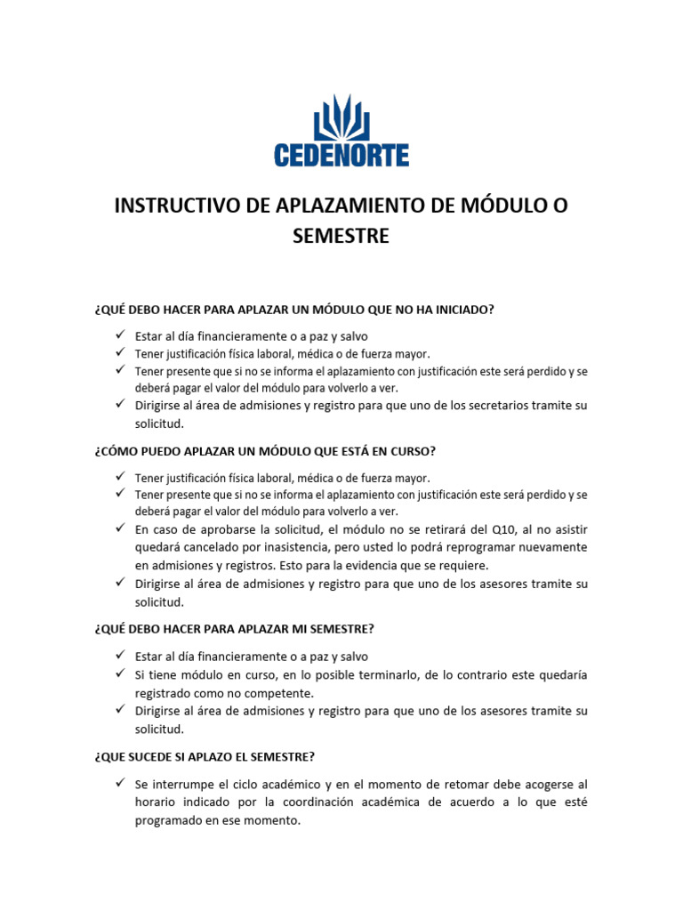 Instructivo de Aplazamiento Modulo y Semestre | PDF