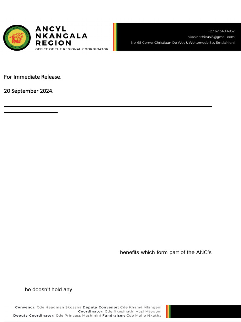 Ancyl Nkangala Statement On Retrenchments by Seriti Resources | PDF ...