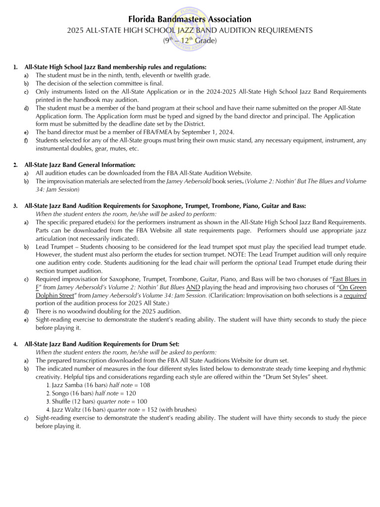 2025 Florida All-State Jazz Auditions | PDF | Audition | Jazz
