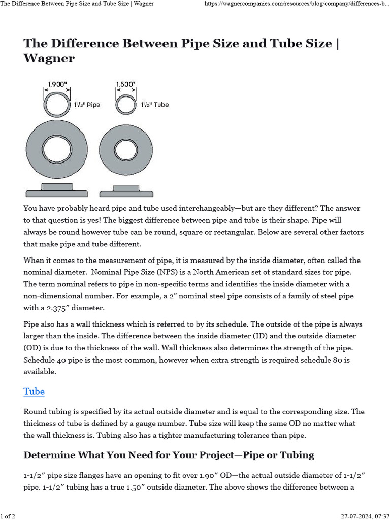 The Difference Between Pipe Size and Tube Size - Wagner | PDF | Pipe ...