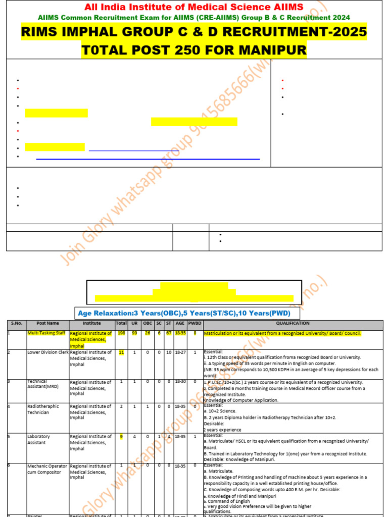 RIMS GROUP C & D Recruitment 2025 Glory - 080205 | PDF | Nursing | Midwife