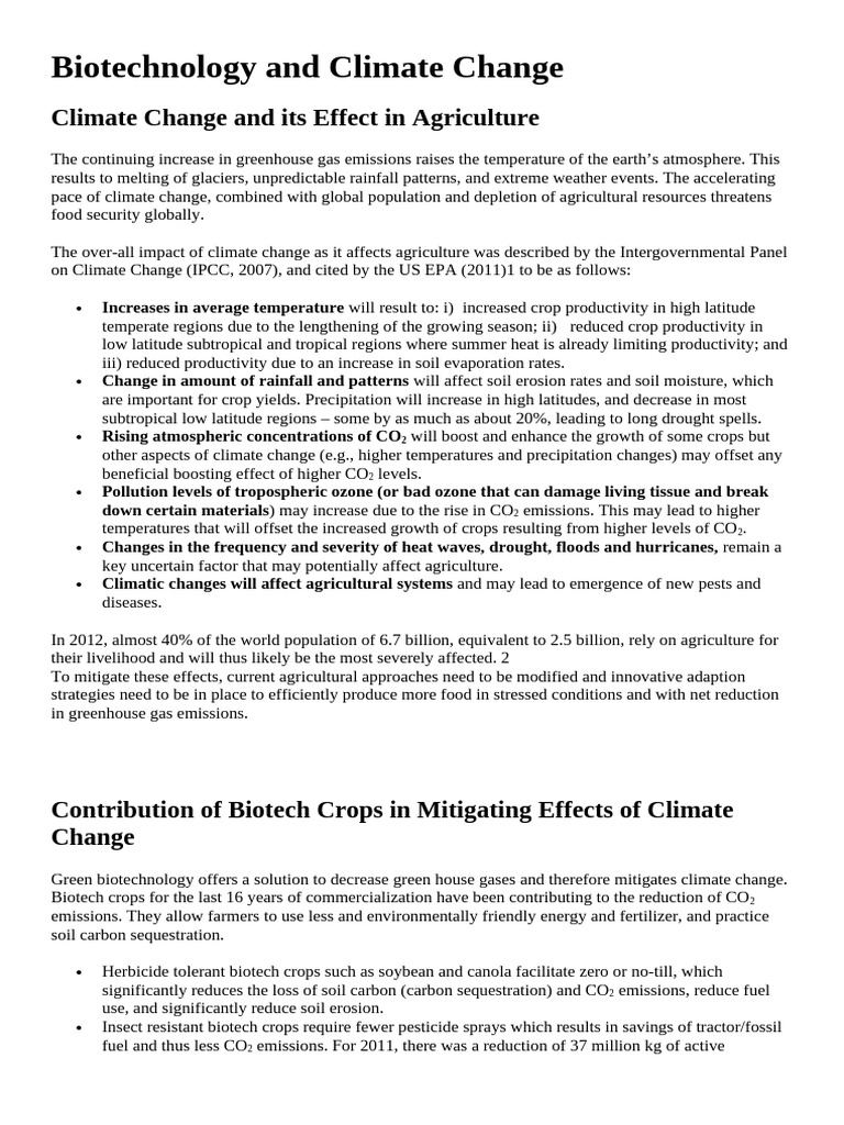 Biotechnology and Climate Change | PDF | Agriculture | Climate Change