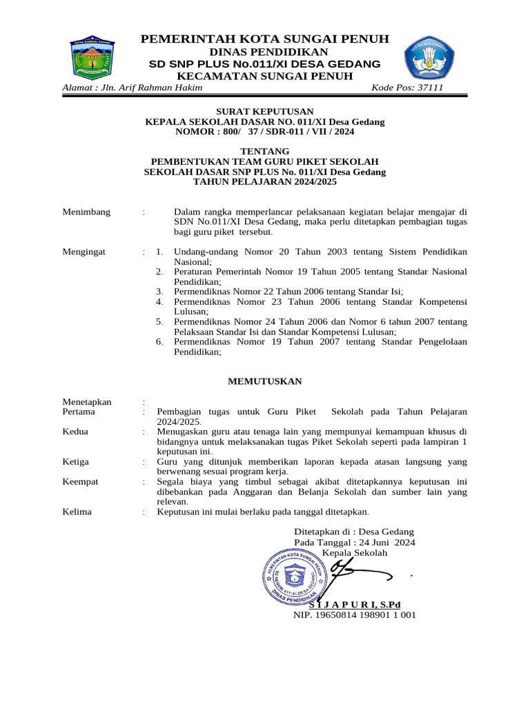 SK GURU PIKET SEKOLAH 2024 2025 (4) | PDF