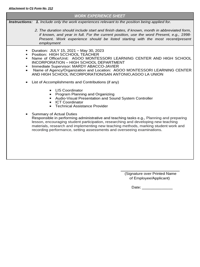 PDS 1.2 CS Form No. 212 Attachment - Work Experience Sheet | PDF