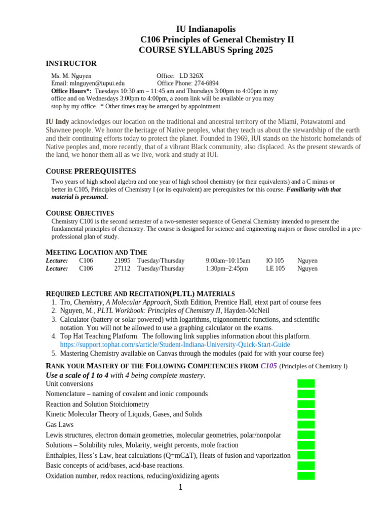 C106 Syllabus Spring 2025 | PDF | Solubility | Chemical Equilibrium