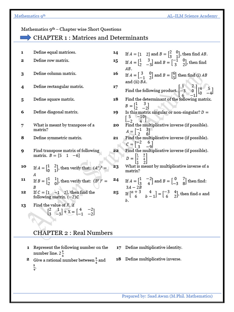 9th Grade Mathematics Short Questions | PDF | Matrix (Mathematics ...