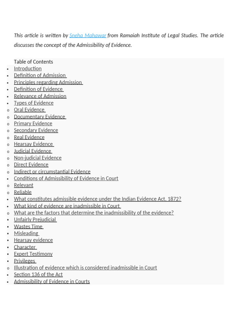 Admissibility of Evidence Guide | PDF | Evidence (Law) | Witness