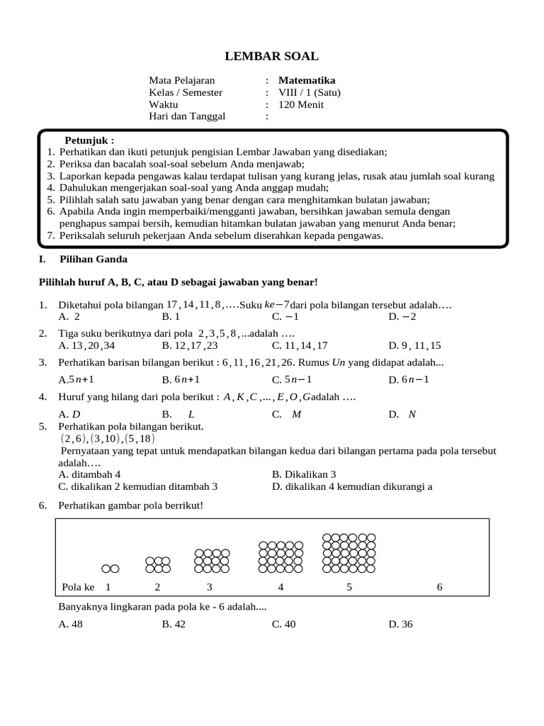 Soal PAS MTK Kelas 8 Semester 1 | PDF