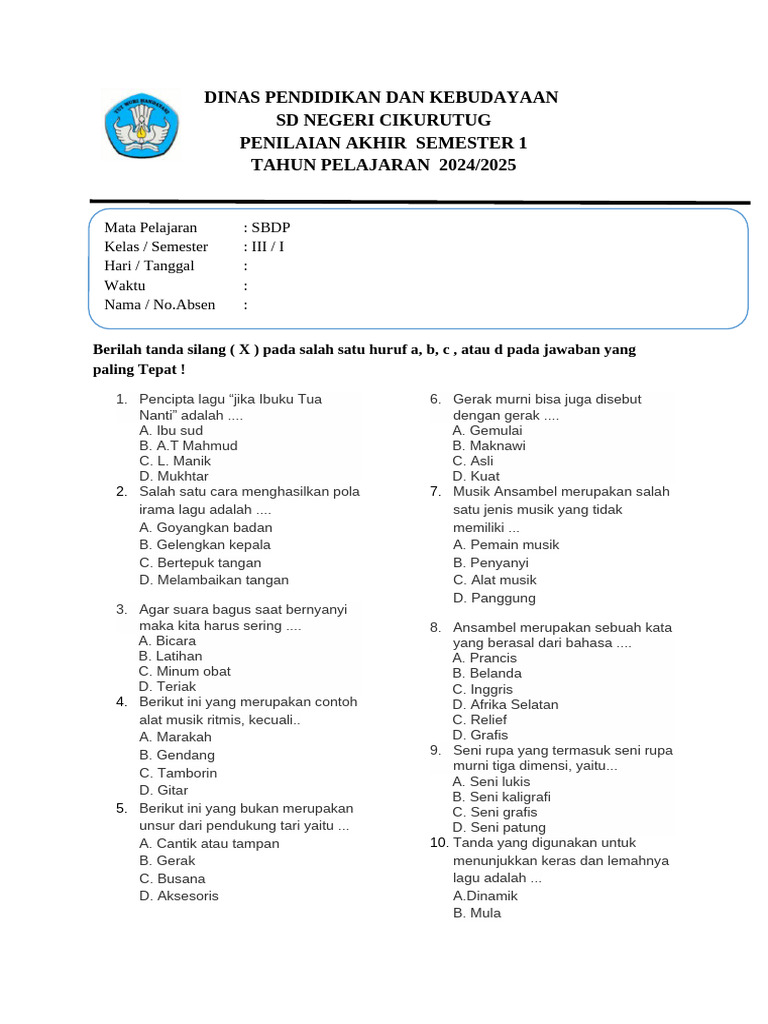 Soal SBDP Kelas 3 Semester 1 | PDF