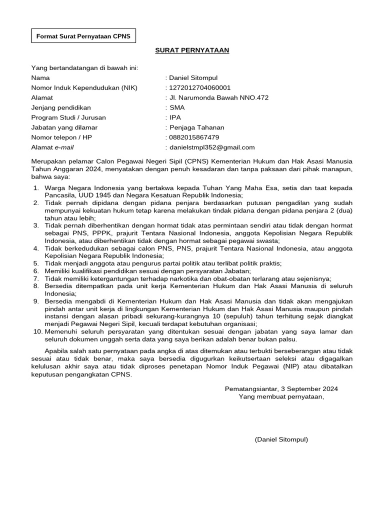 Surat Pernyataan CPNS Daniel Sitompul | PDF
