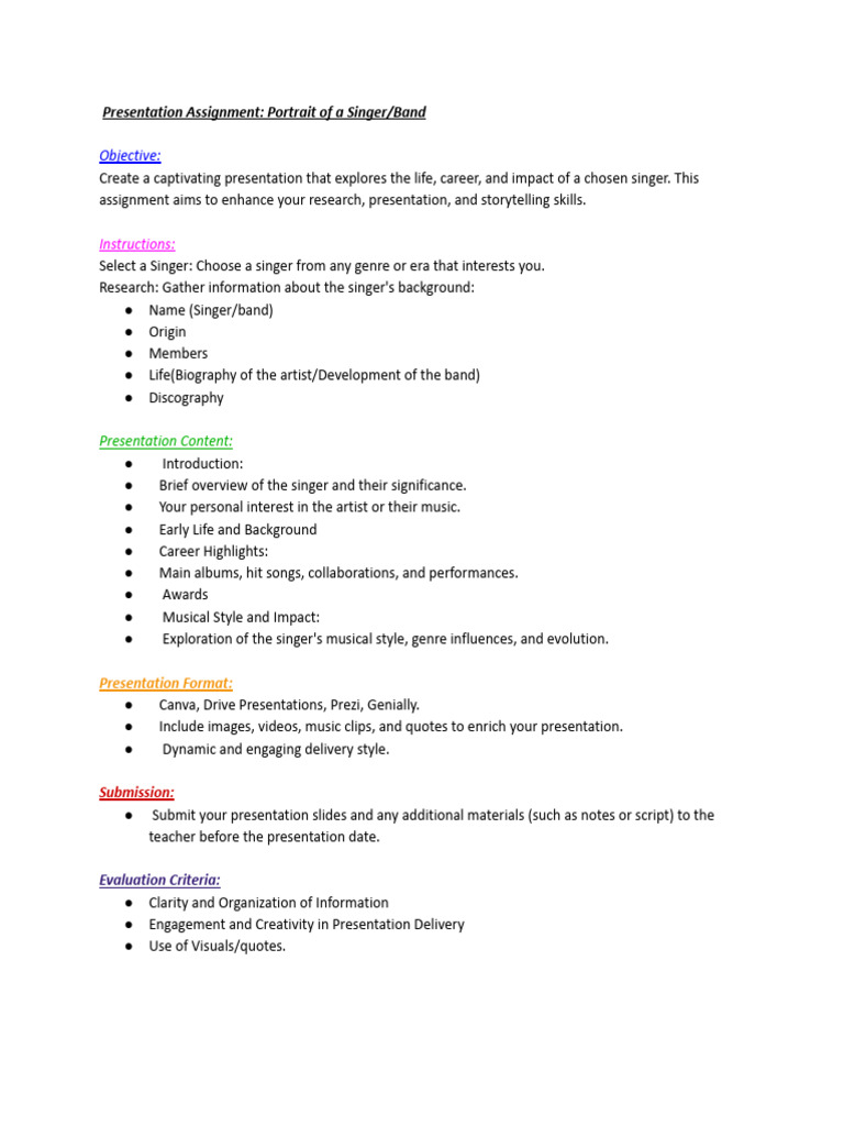 Presentation Assignment Portrait of A Singer Band | PDF