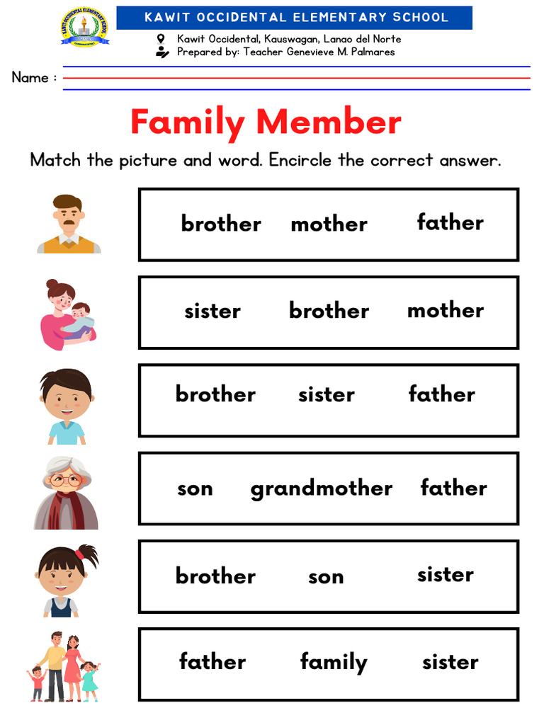 Elementary Family Word Matching | PDF