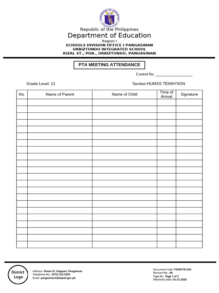 PTA MEETING ATTENDANCE SHEET | PDF