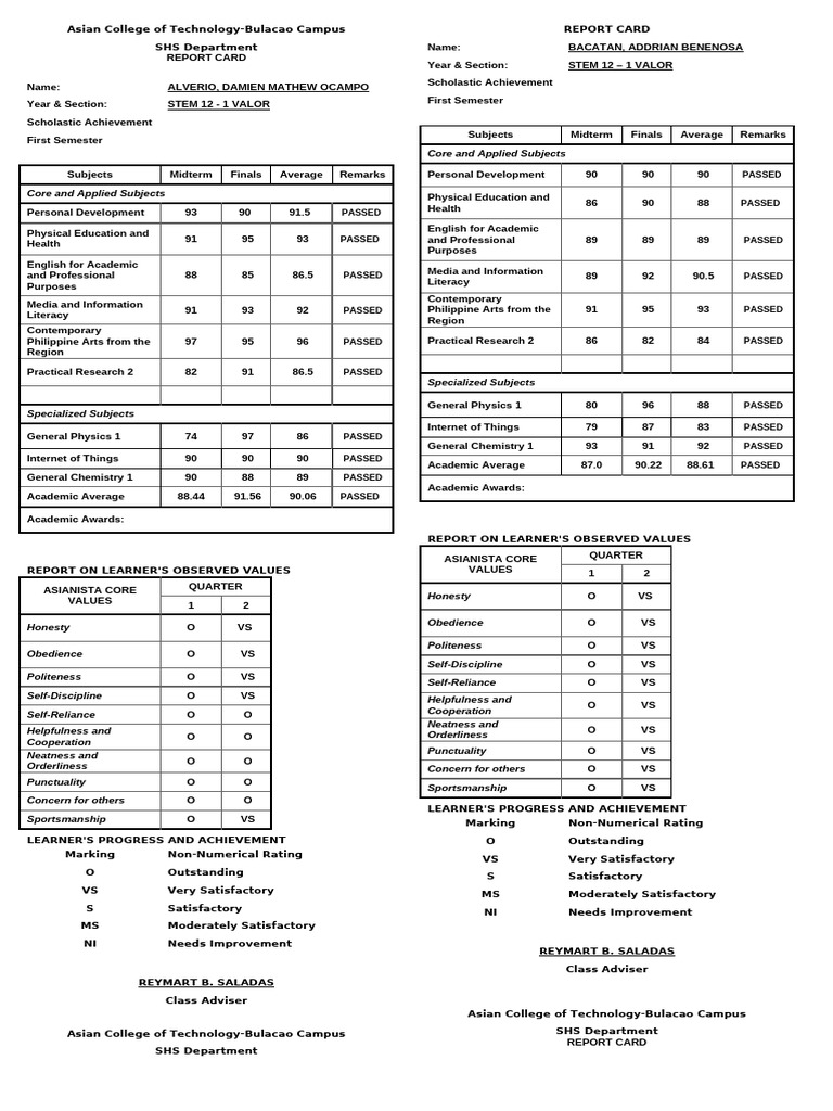 Grade 12 STEM Report Card Summary | PDF