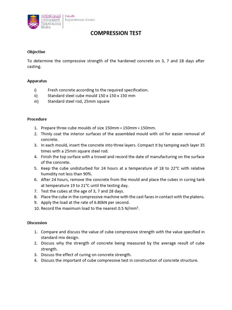 Compressive Strength of Concrete (Lab Manual) | PDF