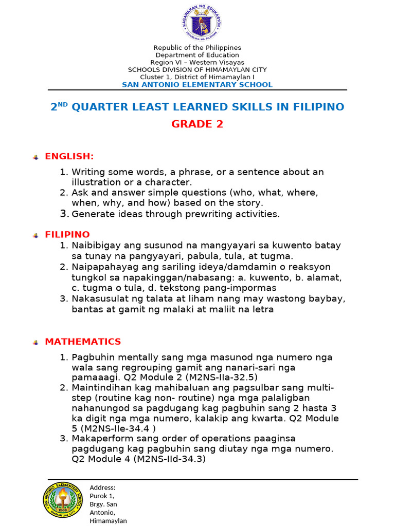 GRADE-2_-2ND-QUARTER-LEAST-LEARNED-SKILLS | PDF | Philippines