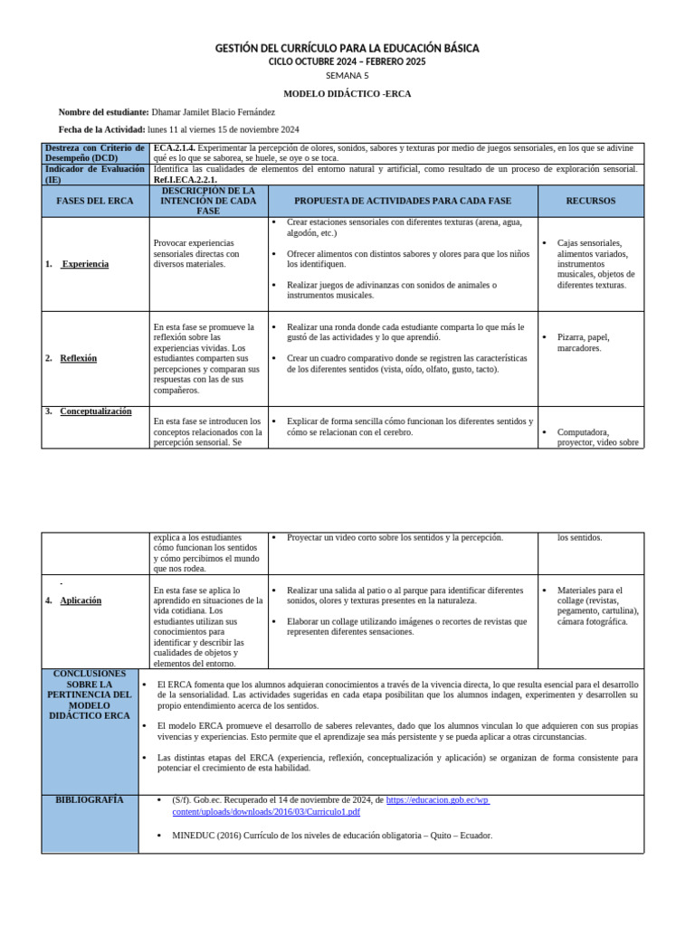 Matriz Modelo Didáctico ERCA (1) | PDF | Percepción | Sentidos