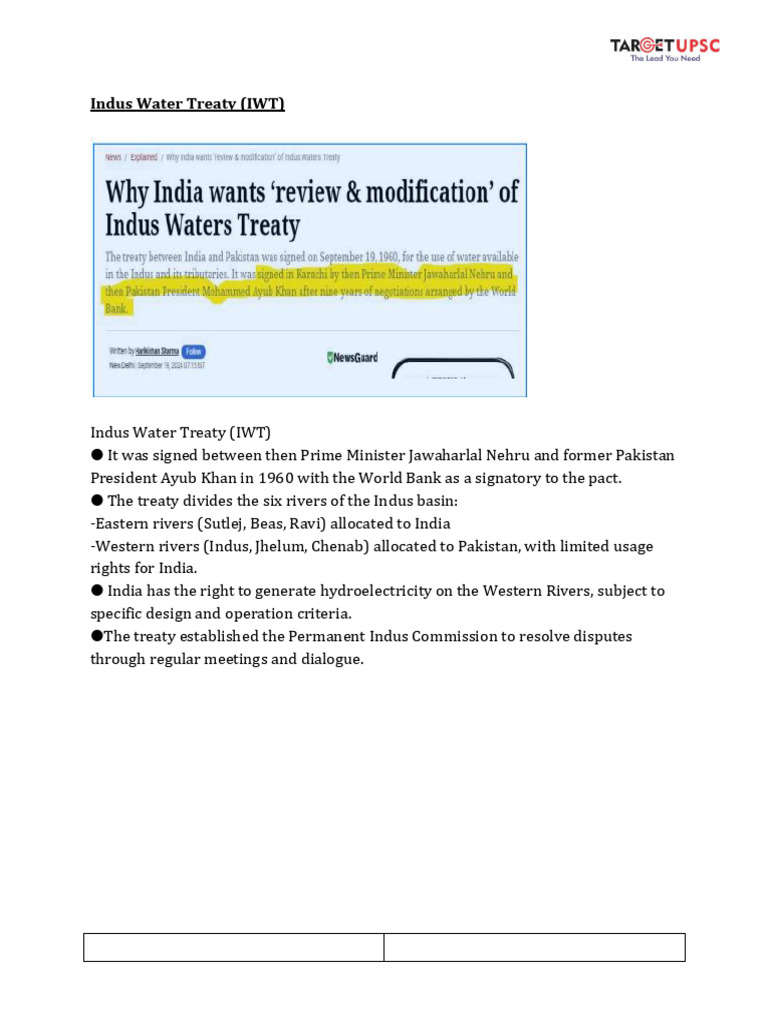 Lec 3 Indus Water Treaty | PDF | Indus River | Earth Sciences