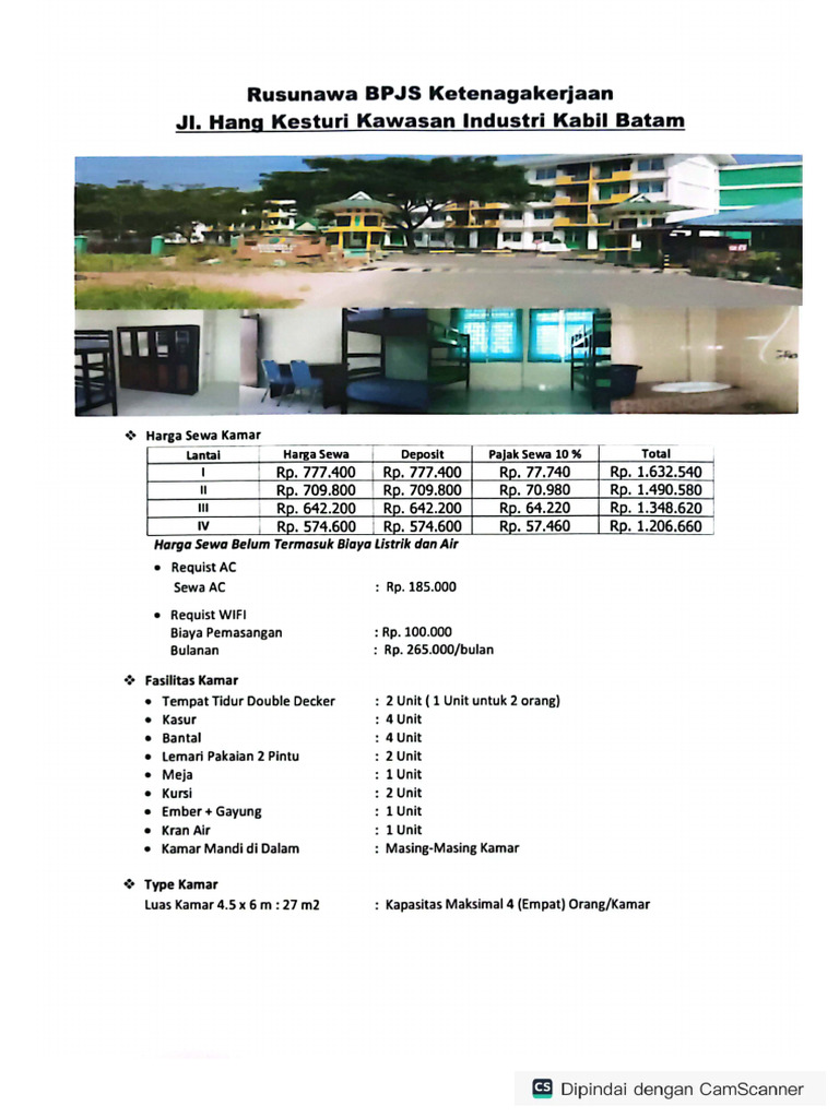 List Harga Rusunawa BPJS Ketenagakerjaan Kabil-Batam | PDF