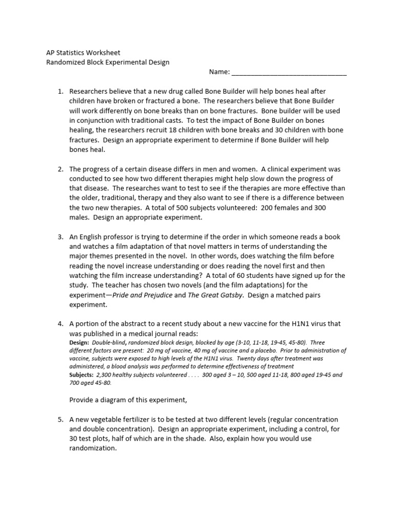 Ap Statistics Worksheet Randomized Block Experimental Design | PDF ...