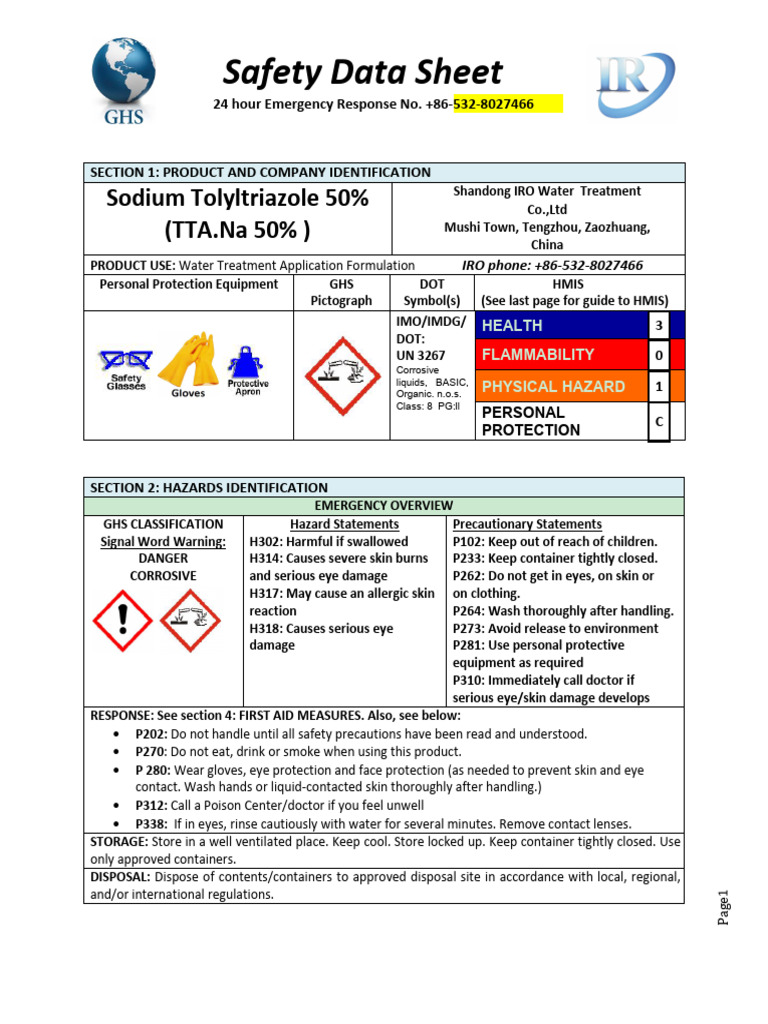 IR TTA Na Tolyltriazole Sodium Salt SDS | PDF | Personal Protective ...