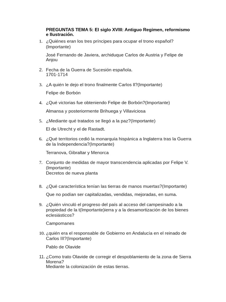 Preguntas cortas tema 5 | PDF | España