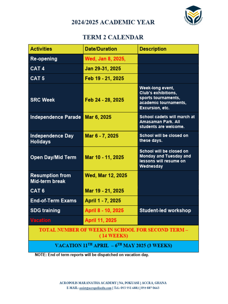 Acropolis Maranatha Academy Term 2 Calendar | PDF